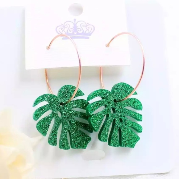 Fashion Jewelry | Jewelry | Monstera Leaf Acrylic Green Glitter Dangle ...